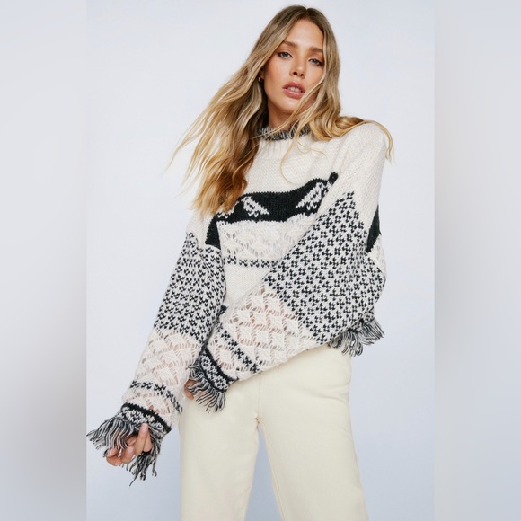 Nasty Gal | Sweaters | Nwt Premium Geometric Pattern Fringe Sweater ...
